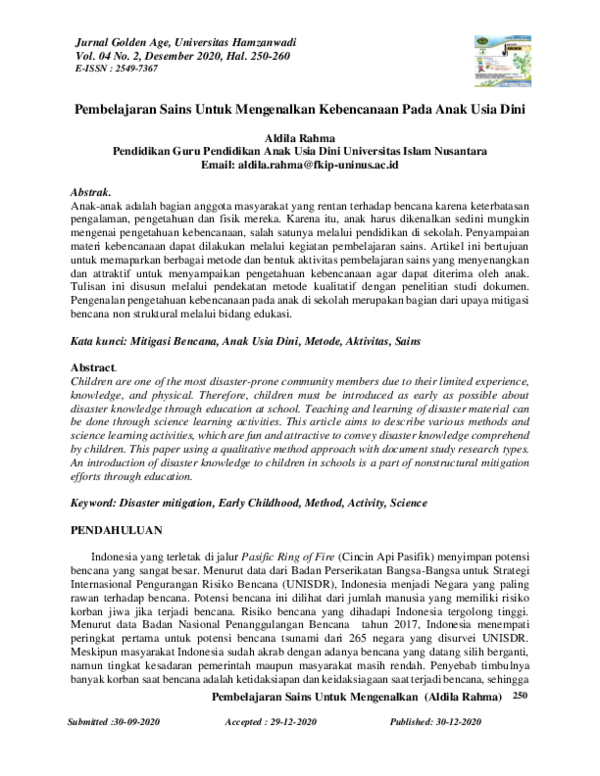 (PDF) Pembelajaran Sains Untuk Mengenalkan Kebencanaan Pada Anak Usia Dini