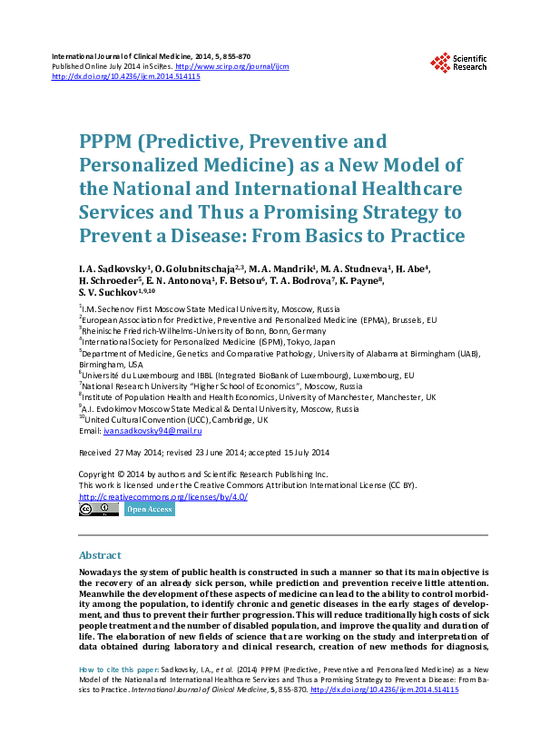 (PDF) PPPM (Predictive, Preventive and Personalized Medicine) as a New Model of the National and ...