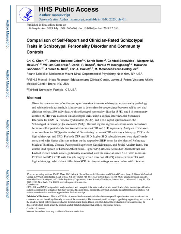 (PDF) Comparison of self-report and clinician-rated schizotypal traits ...