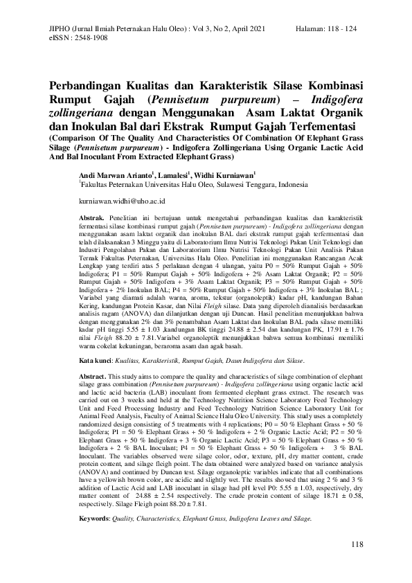 (PDF) Perbandingan Kualitas dan Karakteristik Silase Kombinasi Rumput Gajah (Pennisetum ...