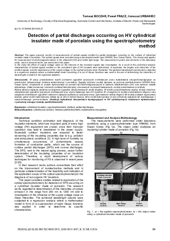 (PDF) Detection of partial discharges occurring on HV cylindrical insulator made of porcelain ...