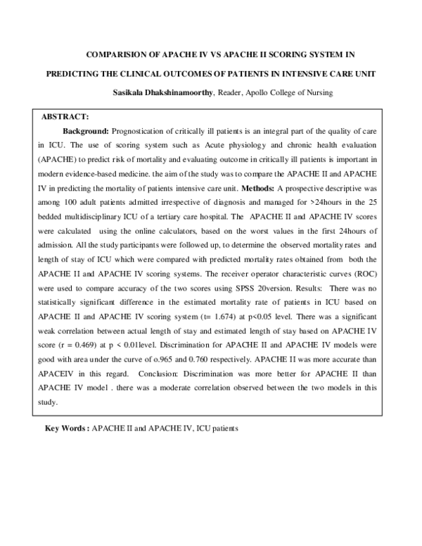 (PDF) Comparison of Apache IV Vs Apache II Scoring System in Predicting ...