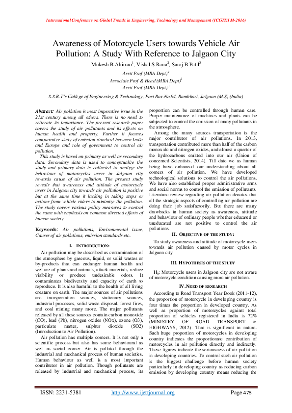(PDF) Awareness of Motorcycle Users towards Vehicle Air Pollution: A ...