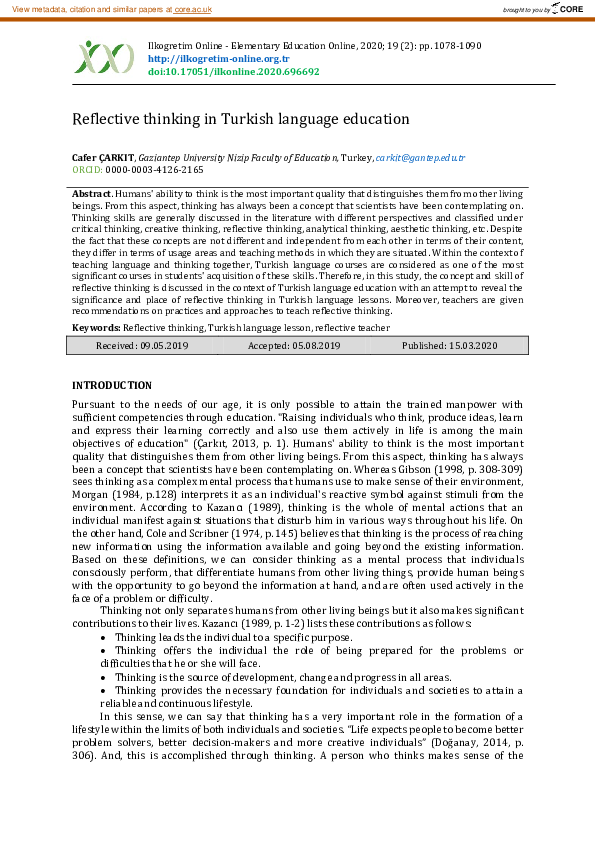 (PDF) Reflective thinking in Turkish language education | Cafer Carkit ...