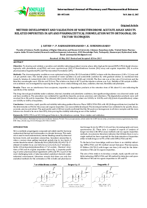 (PDF) METHOD DEVELOPMENT AND VALIDATION OF NORETHINDRONE ACETATE ASSAY AND ITS RELATED ...