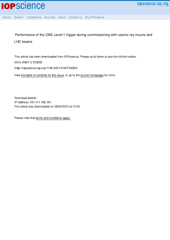 (PDF) Performance of the CMS Level-1 trigger during commissioning with cosmic ray muons and LHC ...