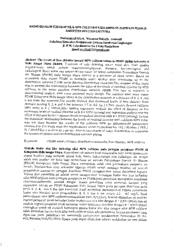 (PDF) Kadar Sisa Klor Terhadap Nilai MPN Coliform Pada Jaringan Perpipaan PDAM Di Kabupaten Hulu ...