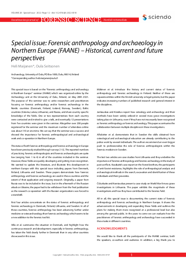 (PDF) Special issue: Forensic anthropology and archaeology in Northern Europe (FAANE ...