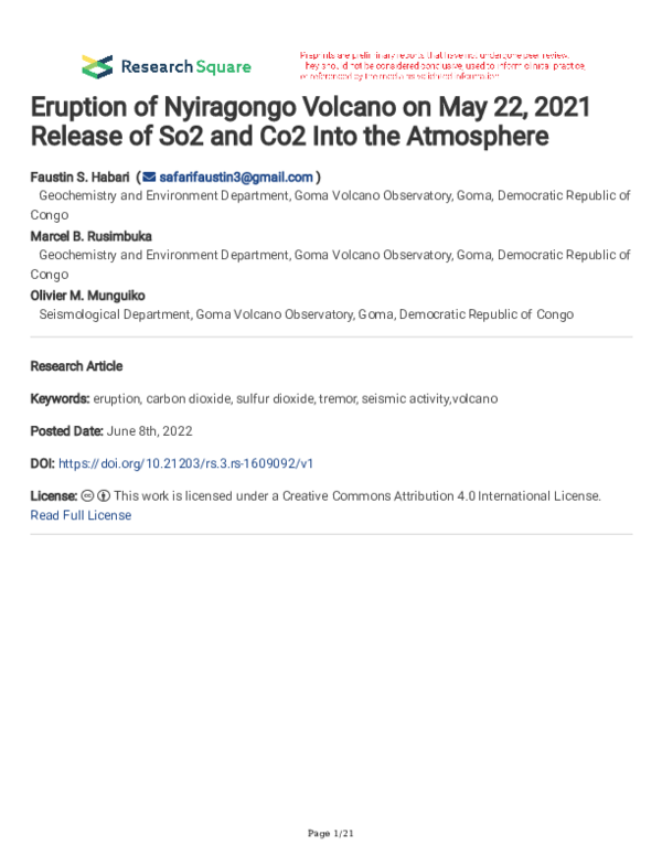 (PDF) Eruption of Nyiragongo Volcano on May 22, 2021 Release of So2 and ...