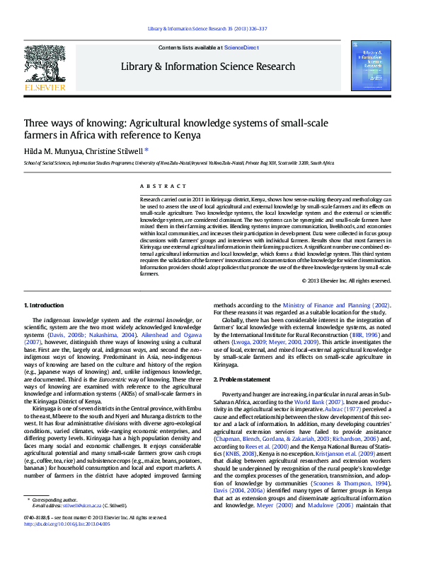 (PDF) Three ways of knowing: Agricultural knowledge systems of small ...