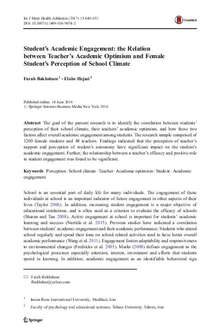 (PDF) Student’s Academic Engagement: the Relation between Teacher’s Academic Optimism and Female ...