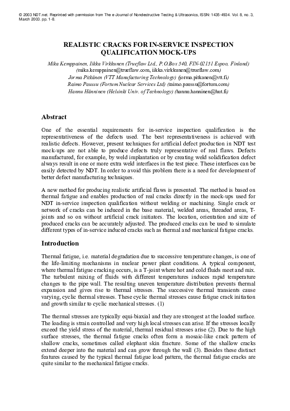(PDF) Realistic Cracks for In-Service Inspection Qualification Mock-ups