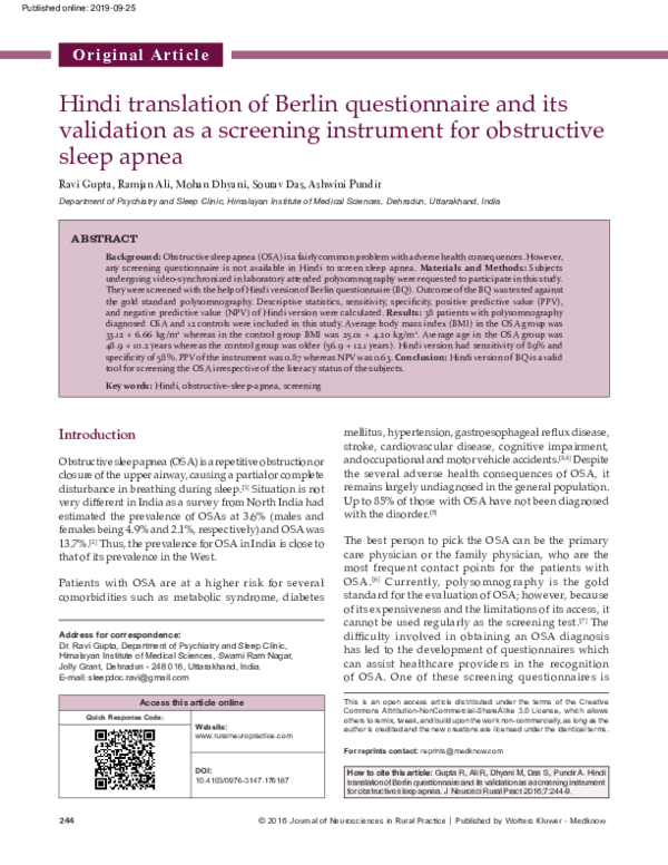 (PDF) Hindi translation of Berlin questionnaire and its validation as a ...