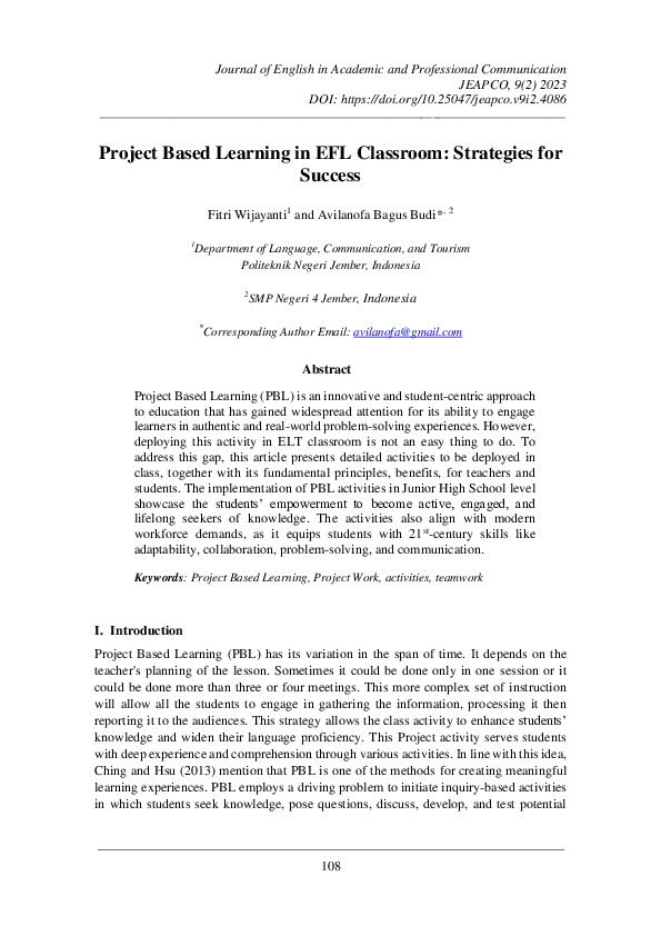 (PDF) Project-Based Learning in EFL Classroom: Strategies for Success