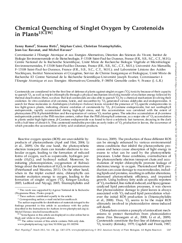 (PDF) Chemical Quenching of Singlet Oxygen by Carotenoids in Plants