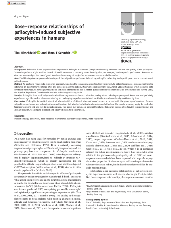 (PDF) Dose–response relationships of psilocybin-induced subjective experiences in humans | Timo ...