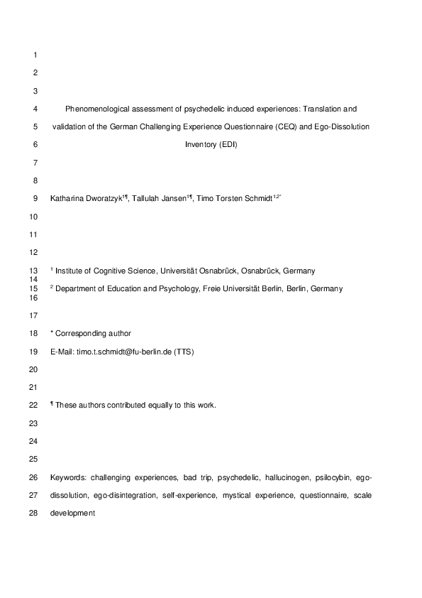 (PDF) Phenomenological assessment of psychedelic induced experiences ...