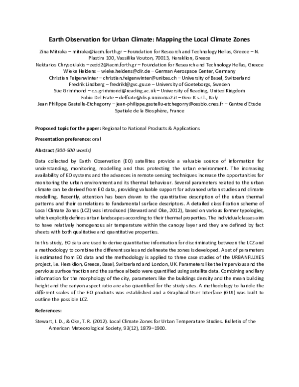 (PDF) Earth Observation for Urban Climate: Mapping the Local Climate Zones