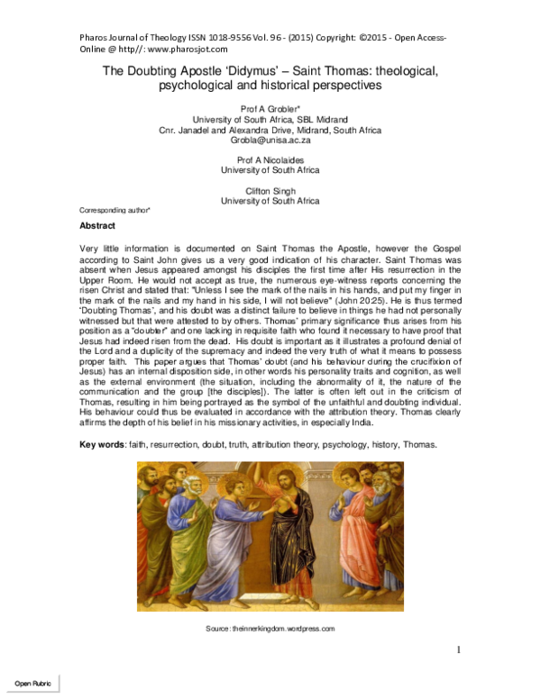 (PDF) The Doubting Apostle 'Didymus' - Saint Thomas: theological ...