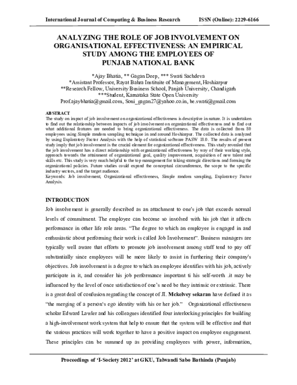 (PDF) Analyzing the Role of Job Involvement on Organisational Effectiveness: An Empirical Study ...