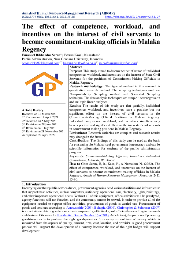 (PDF) The effect of competence, workload, and incentives on the interest of civil servants to ...
