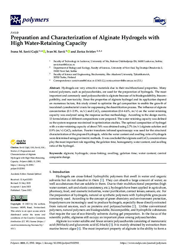 (PDF) Preparation and Characterization of Alginate Hydrogels with High ...