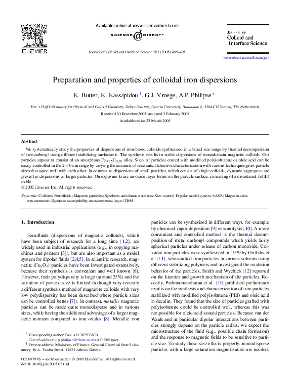 (PDF) Preparation and properties of colloidal iron dispersions