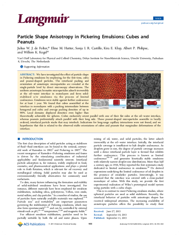 (PDF) Particle Shape Anisotropy in Pickering Emulsions: Cubes and Peanuts