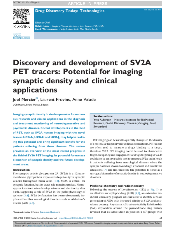(PDF) Discovery and development of SV2A PET tracers: Potential for imaging synaptic density and ...