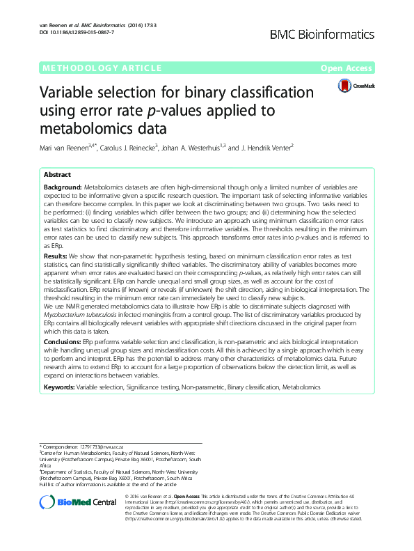 Pdf Variable Selection For Binary Classification Using Error Rate P Values Applied To