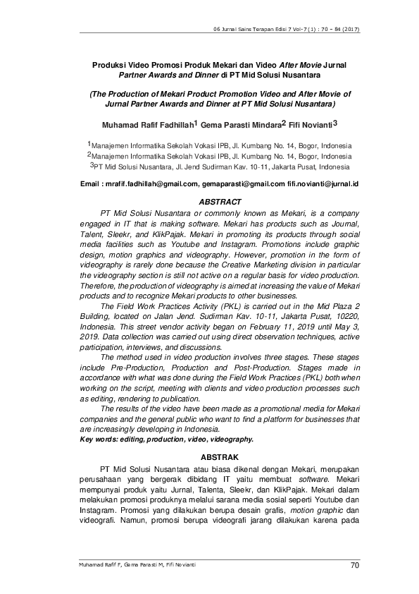 (PDF) Produksi Video Promosi Produk Mekari dan Video After Movie Jurnal ...