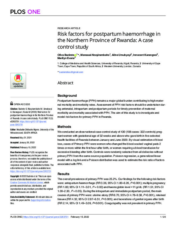 (PDF) Risk factors for postpartum haemorrhage in the Northern Province ...