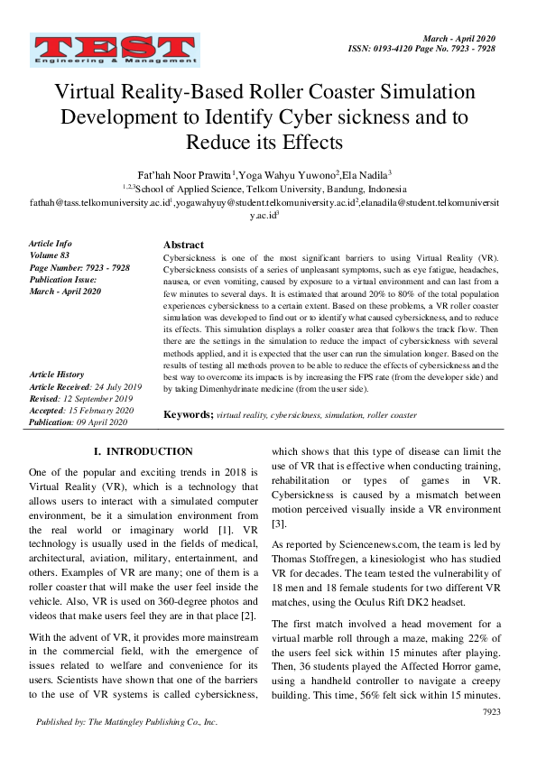 (PDF) Virtual Reality-Based Roller Coaster Simulation Development to Identify Cyber sickness and ...
