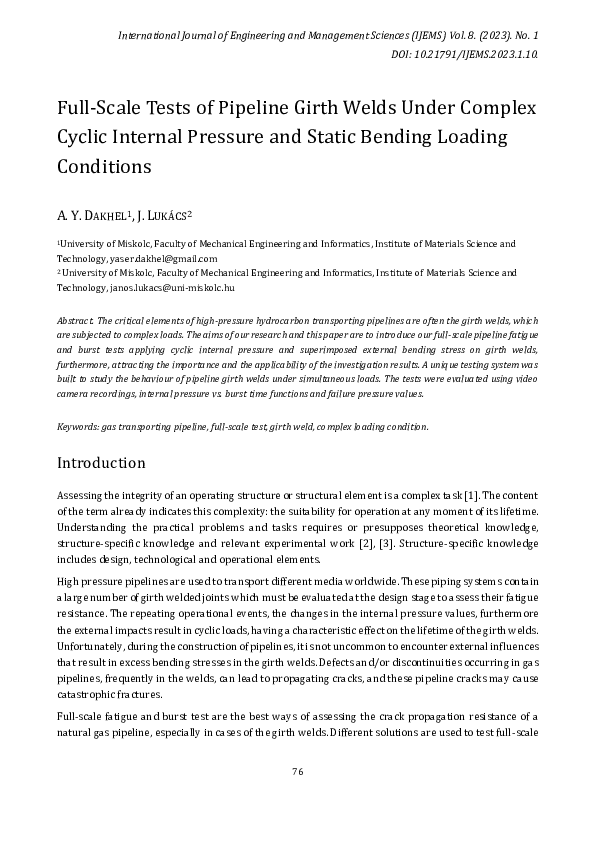 (PDF) Full-Scale Tests of Pipeline Girth Welds Under Complex Cyclic ...