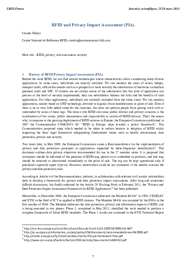(PDF) RFID and Privacy Impact Assessment (PIA)