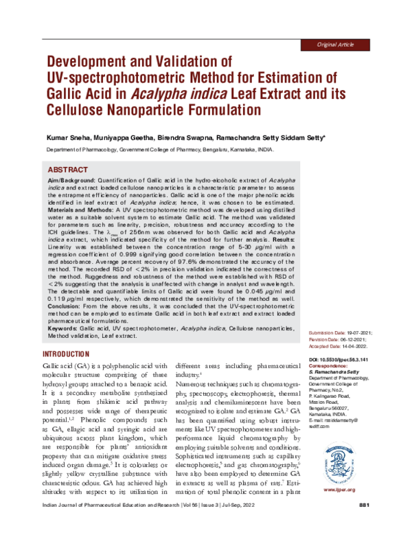 Pdf Development And Validation Of Uv Spectrophotometric Method For Estimation Of Gallic Acid