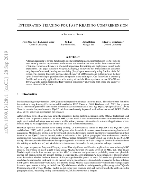 (PDF) Integrated Triaging for Fast Reading Comprehension | Felix Wu - Academia.edu