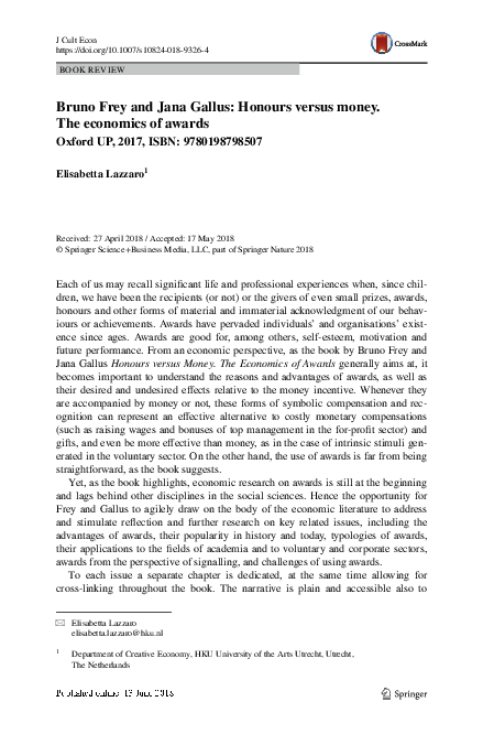 (PDF) Bruno Frey and Jana Gallus: Honours versus money. The economics ...