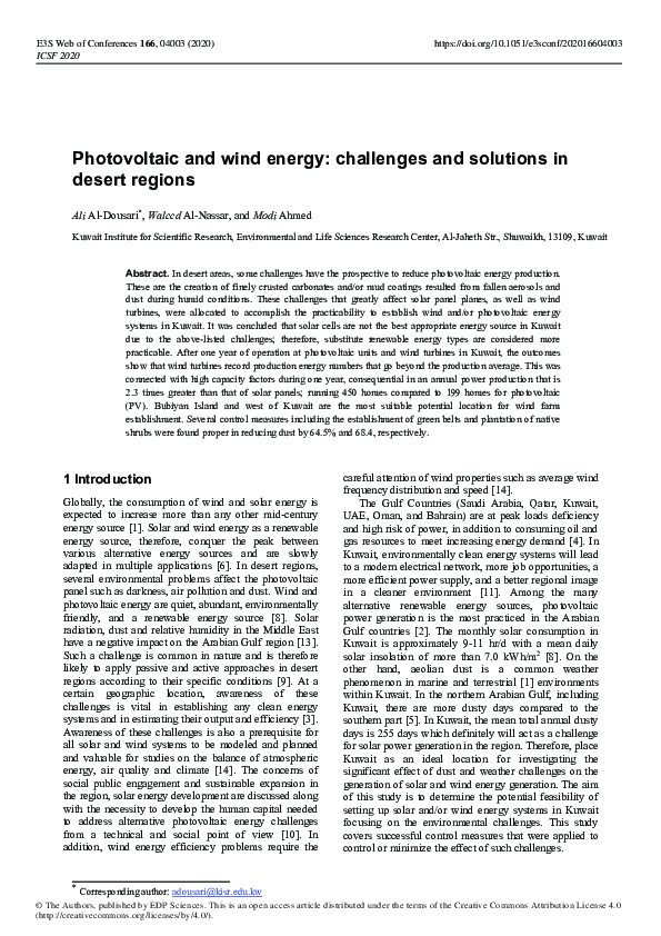 (PDF) Photovoltaic and wind energy: challenges and solutions in desert regions