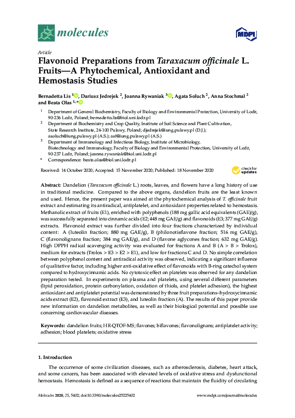 (PDF) Flavonoid Preparations from Taraxacum officinale L. Fruits—A Phytochemical, Antioxidant ...