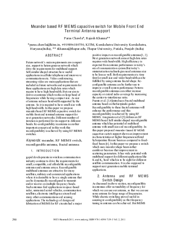 (PDF) Meander based RF MEMS capacitive switch for Mobile Front End Terminal Antenna support