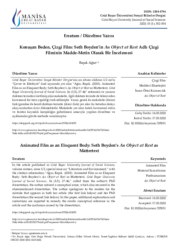 (PDF) Konuşan Beden, Çizgi Film: Seth Boyden’in An Object at Rest Adlı ...