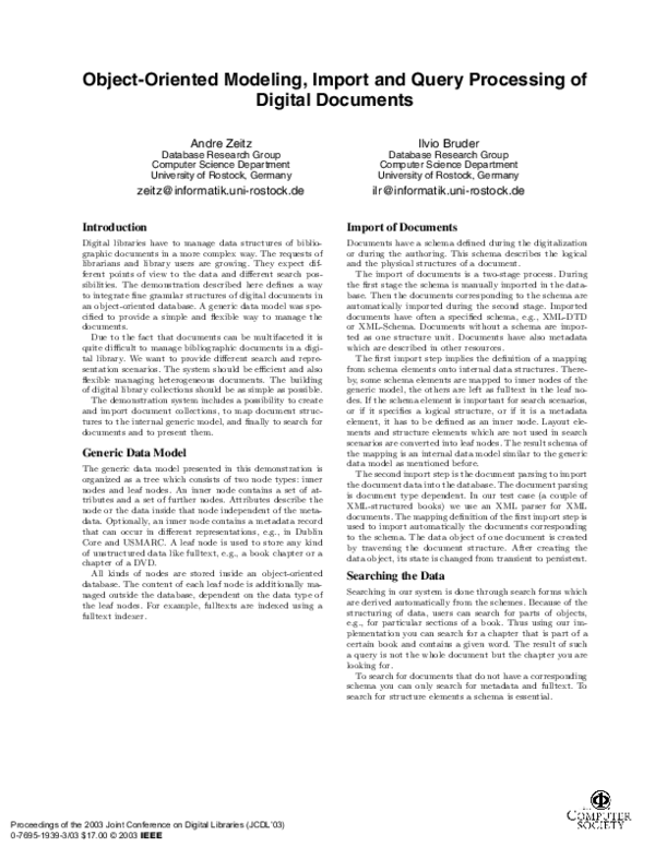 (PDF) Object-oriented modeling, import and query processing of digital documents