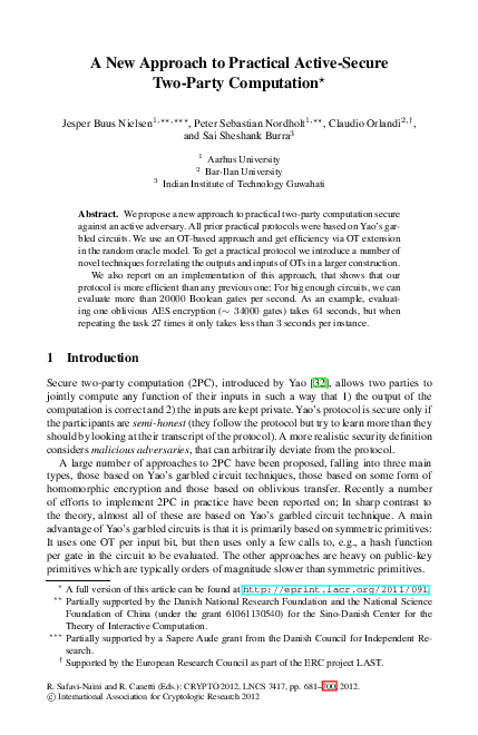 Pdf A New Approach To Practical Active Secure Two Party Computation