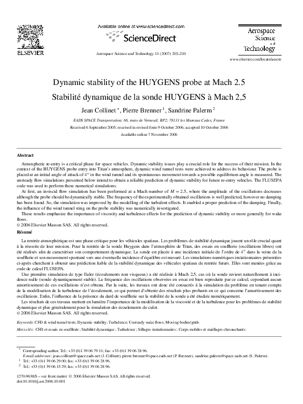 (PDF) Dynamic stability of the HUYGENS probe at Mach 2.5 | pierre ...