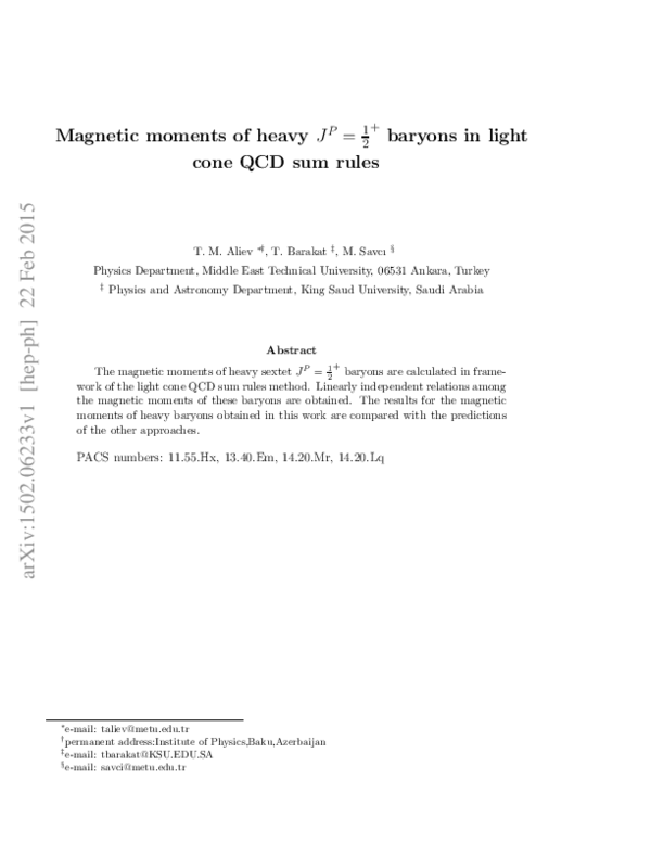 (PDF) Magnetic moments of heavyJP=12+baryons in light cone QCD sum rules