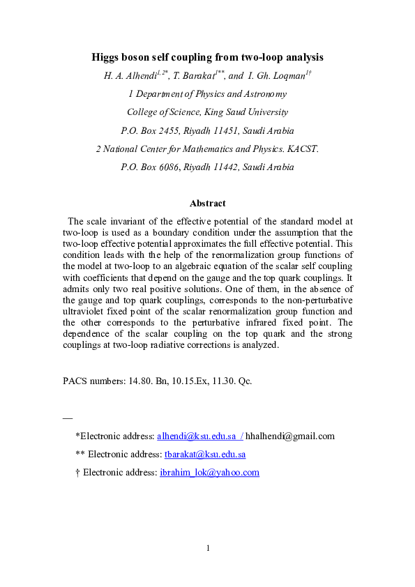 (PDF) Higgs boson self-coupling from two-loop analysis