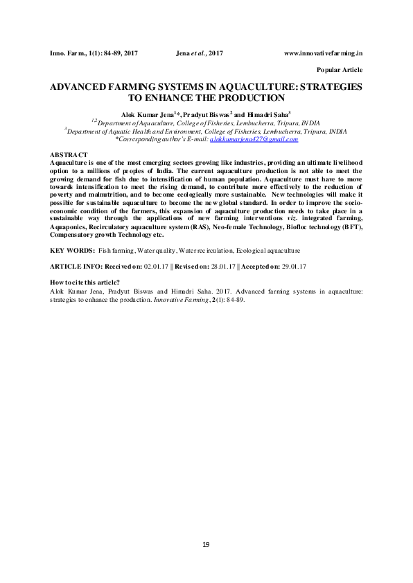 (PDF) Advanced Farming Systems in Aquaculture: Strategies to Enhance ...