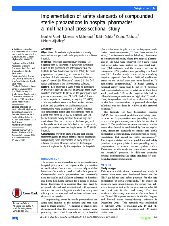 (PDF) Implementation of safety standards of compounded sterile preparations in hospital ...