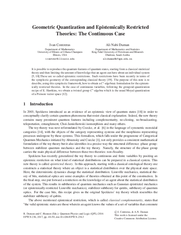 (PDF) Geometric Quantization and Epistemically Restricted Theories: The ...